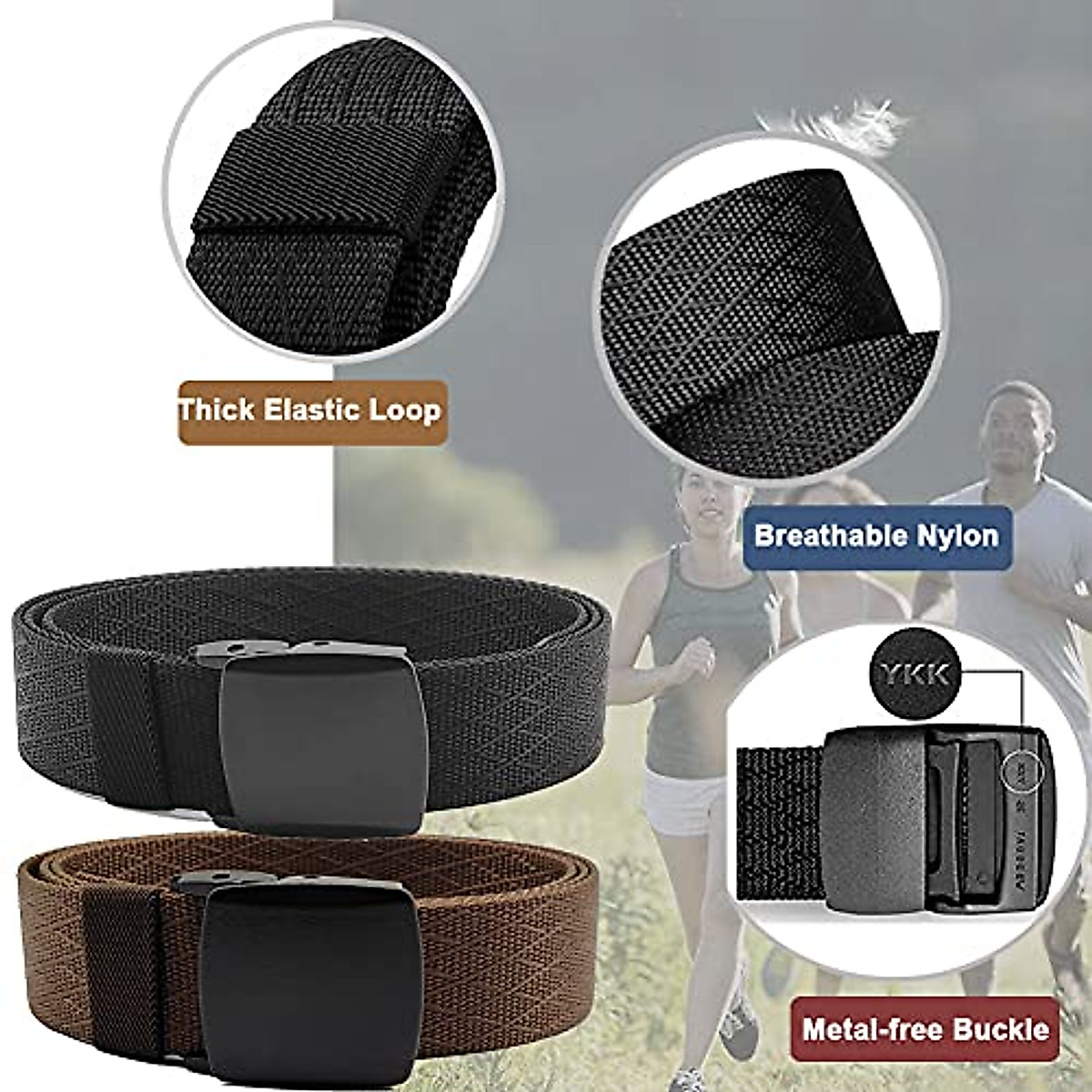 HOANAN Mens Nylon Belt Tactical 2 Pack 28-72 Waist Casual Work No Metal Web Belt (Pant size up to 36", 2pack-black coffee)