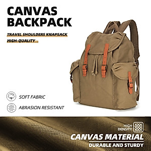 High Capacity Canvas Vintage Backpack Leather Genuine Leather Waxed Canvas Shoulder Hiking Rucksack (Khaki)