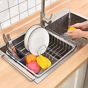 TOOLF Expandable Dish Rack, Aluminum Over The Sink Rack Adjustable Dish Rack in Sink Or On Counter Dish Drainer with Utensil Holder Rustproof for Kitchen