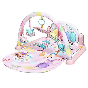 HONEY JOY Baby Play Mat, Kick & Play Piano Tummy Time Gym Fitness Playmat, 4 Rattle Pendants and 1 Mirror, Newborn Deluxe Music Activity Center for Toddler Infants (Pink)