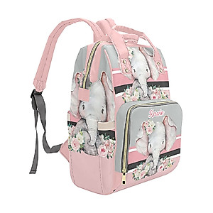 Grandkli Grey Pink Floral Elephant Personalized Diaper Bag Multi-Function Backpack Nappy Bag Travel DayPack for Unisex, One Size