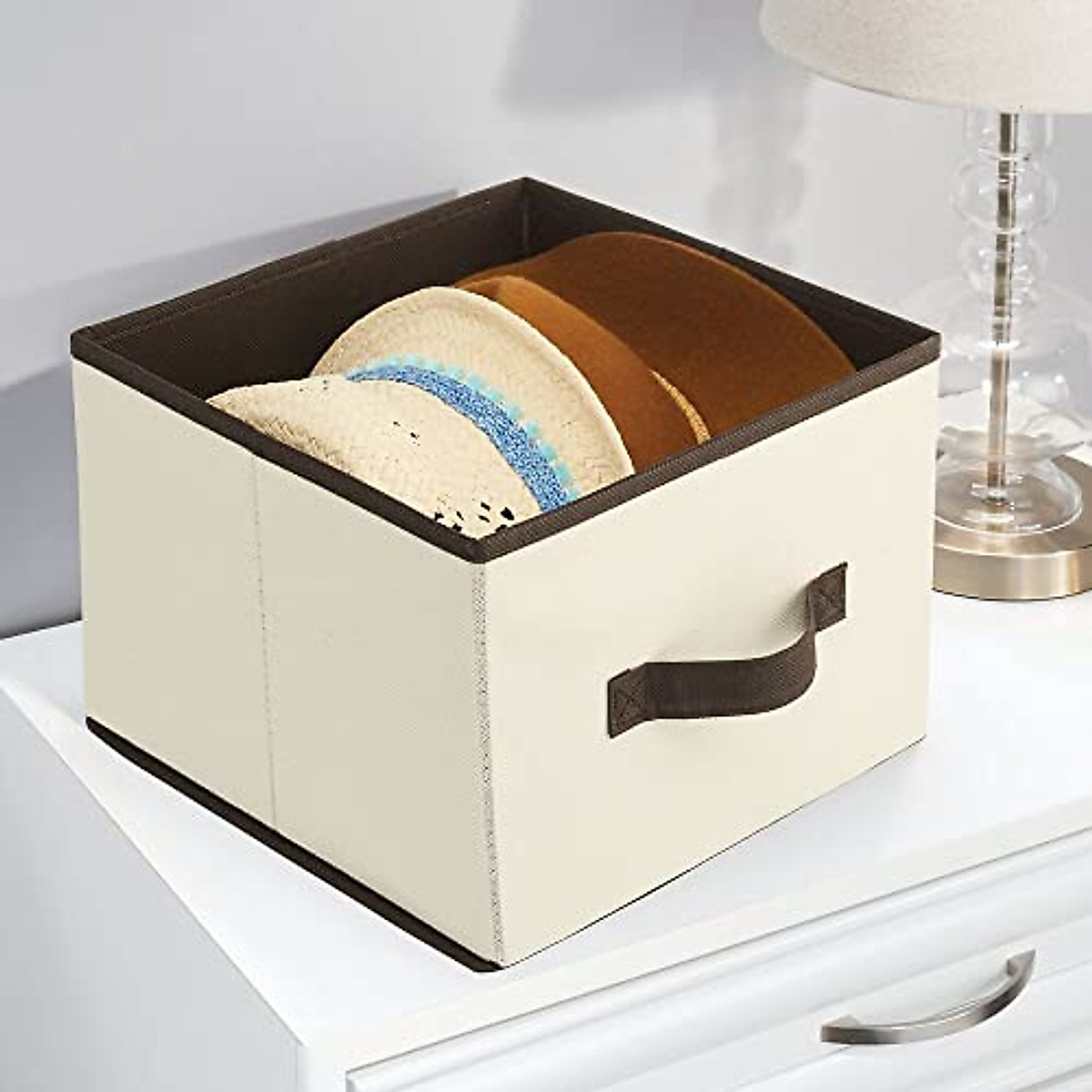 mDesign Fabric Bin for Cube Organizer - Foldable Cloth Storage Cube - Collapsible Closet Storage Organizer - Folding Storage Bin for Clothes and More - Jane Collection - 4 Pack - Cream/Espresso Brown