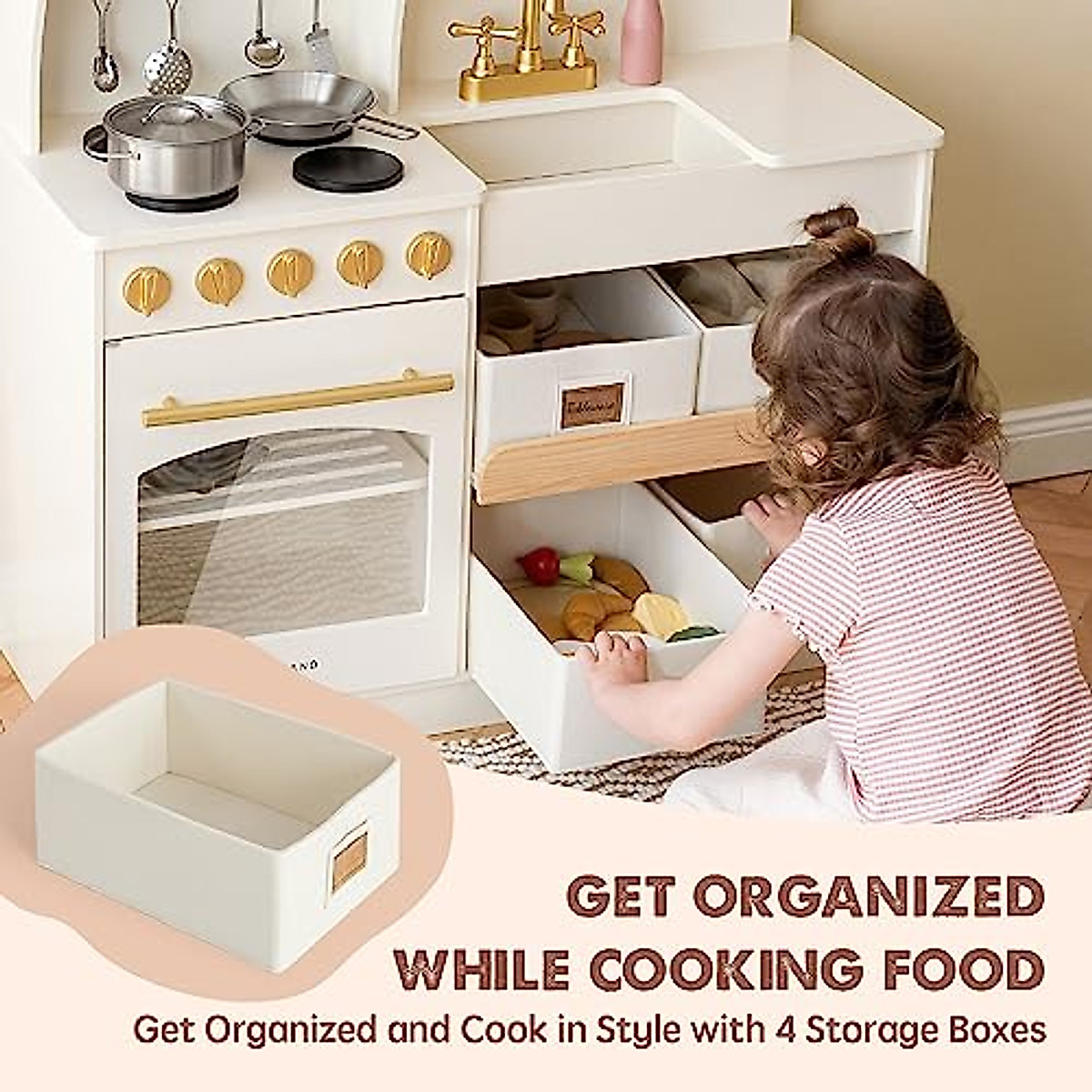 Tiny Land Play Kitchen for Kids, Wooden Play Kitchen with Toy Storage System, Toy Kitchen Set with Plenty of Play Features, Kids Play Kitchen Designed, Gift for Ages 3+