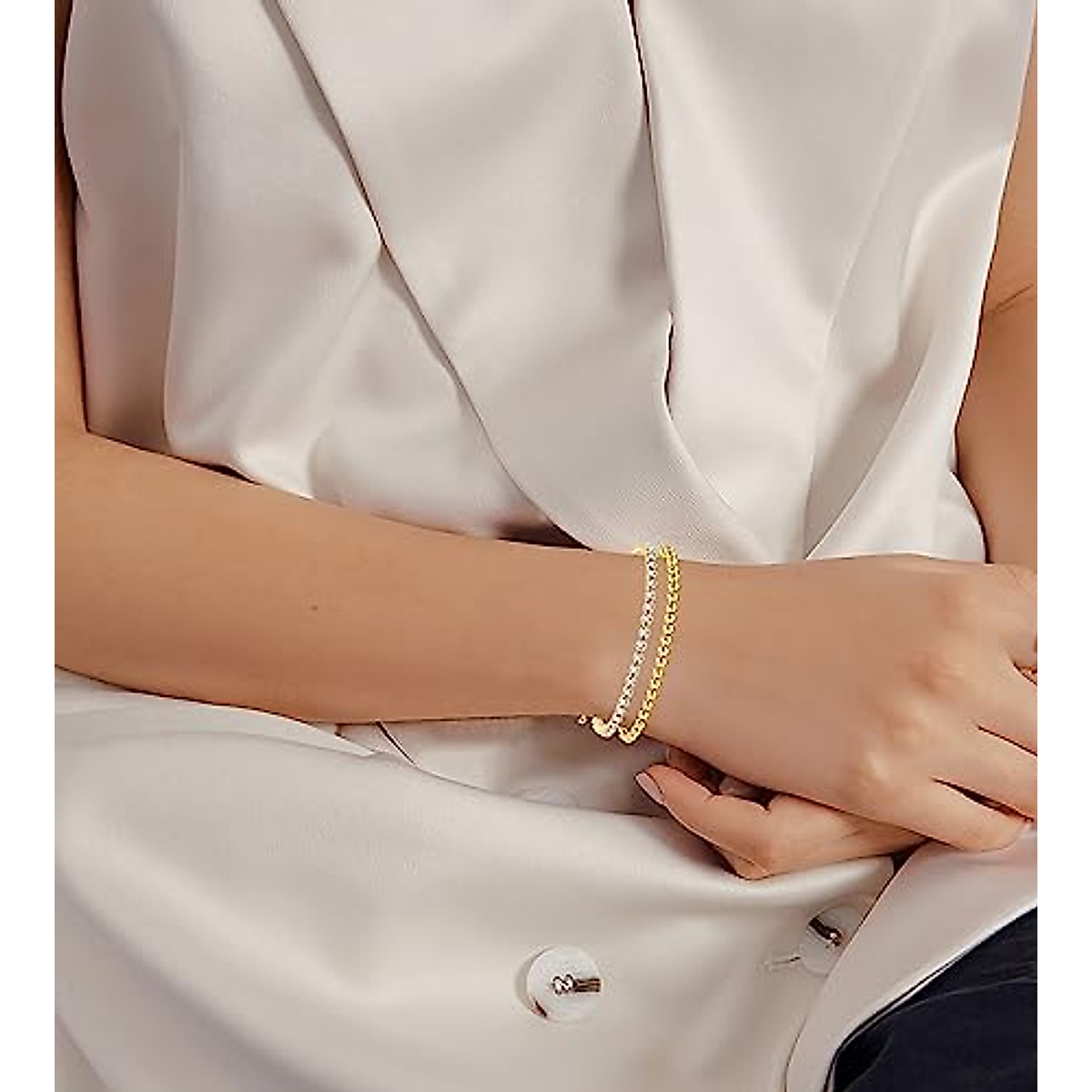 WAINIS 14PCS Gold Chain Bracelets Set for Women 14K Gold Plated Dainty Link Paperclip Bracelets Stake Adjustable Layered Metal Link Beaded Bracelet Fashion Jewelry