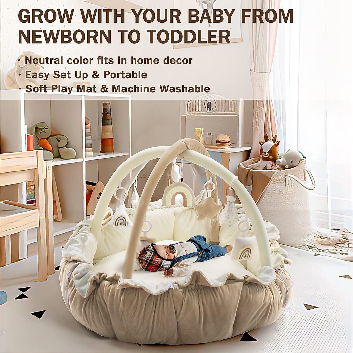 5-in-1 Convertible Baby Play Gym with 6 Toys, Tummy Time Mat for Sensory Development, Baby Activity Center from Newborn to Toddler, Ball Pit, Cat & Dog Bed, Soft Plush Pet Bed, No Ball Included Cream