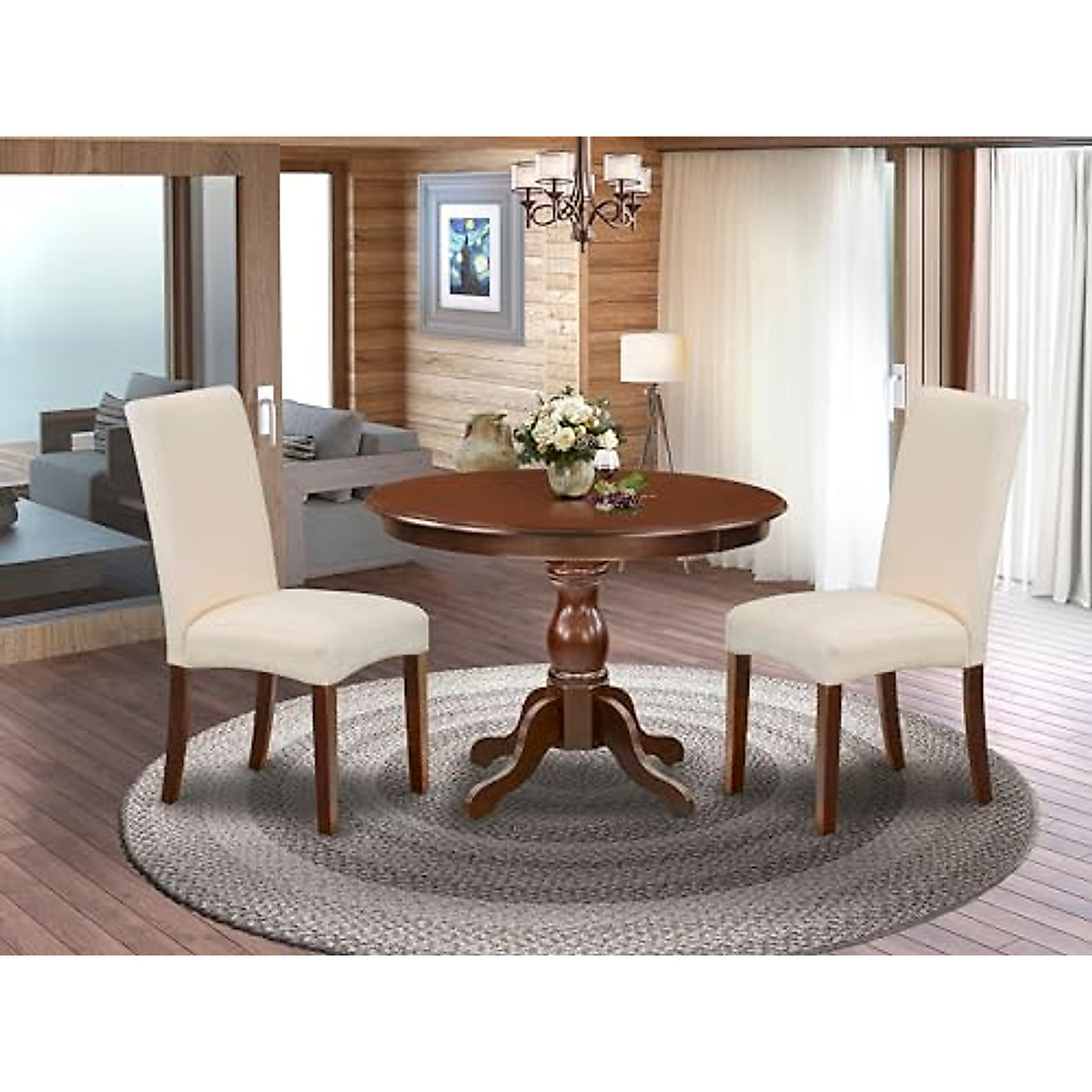 East West Furniture HBDR3-MAH-01 3 Piece Dining Room Furniture Set Contains a Round Dining Table with Pedestal and 2 Cream Linen Fabric Upholstered Parson Chairs, 42x42 Inch, Mahogany