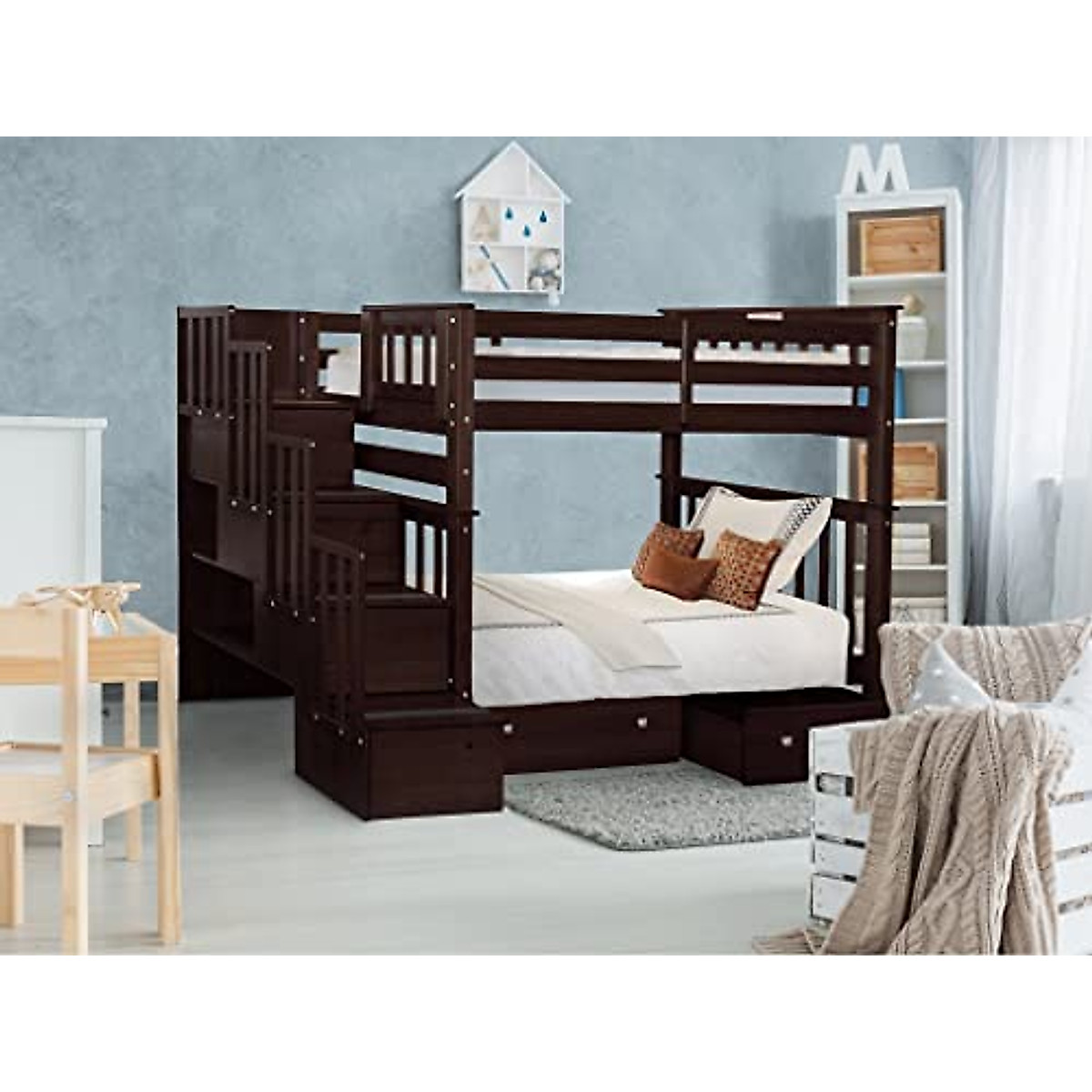 Bedz King Tall Stairway Bunk Beds Twin over Twin with 4 Drawers in the Steps and 2 Under Bed Drawers, Dark Cherry