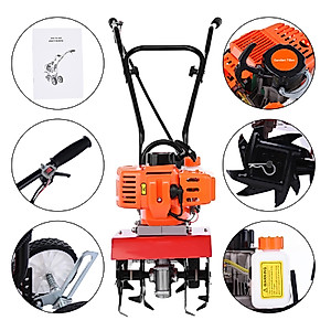 52CC Garden Tiller Gas Powered,3HP 2-Strokes Garden Tiller Cultivator,9000RPM, 1.2L Fuel Tank, 6-inch Working Depth Cultivator Rotovator Orange