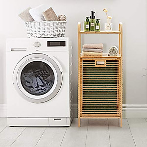 RELAX4LIFE Laundry Hamper Bamboo W/ Removable Liner, 2-Tier Shelves Tilt-out Design Space-Saving Laundry Hamper Basket for Bathroom, Living Room,Bedroom, Natural +Green