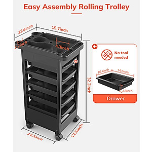 TASALON Budget Hair Styling Salon Trolley Cart with Wheels and 5 Drawers, Salon Rolling Cart for Extra Hairdresser Storage, Tool Free Rolling Salon Cart for Hair Stylist, Hairdresser, Beauty, Tattoo