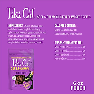 Tiki Cat Soft & Chewy Treats, Chicken Flavor, 3 Calories Per Treat with Grain-Free and No Added Gluten, 6 oz Pouch (Pack of 1)