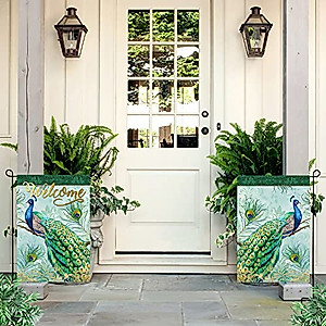 wondever Welcome Peacock Garden Flag 12×18 Double Sided Vertical Burlap Peacock Blue Feathers Yard Flags for Farmhouse Yard Holiday Celebration Outdoor Flags Decor