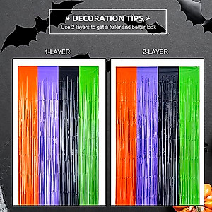 Mega-L Halloween Party Decorations, 2 Packs Orange Purple Black Green Photo Booth Props, 3.3 x 6.6 ft Halloween Foil Fringe Curtains with Bats, Photo Backdrop Streamers Halloween Party Supplies