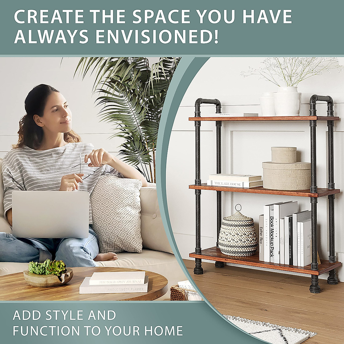 Barnyard Designs Rustic Industrial Bookshelf - Real Pine Wood with Sturdy Metal Frame - Tier Bookcase for Displaying Decor - No Tools Required Assembly (3-Shelf)