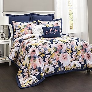 Lush Decor Lush Décor Floral Watercolor 7 Piece Comforter Set, King, Blue and Pink
