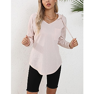 morhuduck Women's V Neck Hoodies Long Sleeve Sweatshirt Drawstring Pullover Tops with Pocket (Apricot M)