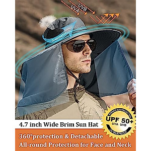 Fishing-Sun Hat Men UV-Protection Neck-Flap - Bucket Hat with Removable Face Cover & Neck Flap Wide Brim UPF 50+ Hiking Hat for Men and Women,Grey