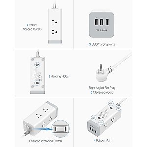Surge Protector Extension Cord 6 Feet, TESSAN Flat Plug Power Strip with 6 Outlet and 3 USB Ports, 3 Prong Desk Charging Station for Home Office Supplies, Dorm Room Essentials, 13A/1625W, 1050J White