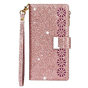 BOYUHII Silicone Protective Case for Phone for Samsung Galaxy A21 Multi-Card Slots Starry Sky Laser Carving Glitter Zipper Horizontal Flip Leather Case with Holder & Wallet & Lanyard ATCYE