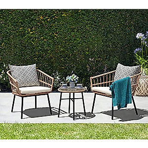 Fangflower Weather Patio Bistro Set, Outdoor Furniture Tempered Coffee Table, and Wicker Chairs for Garden, Balcony, Yard Poolside, White