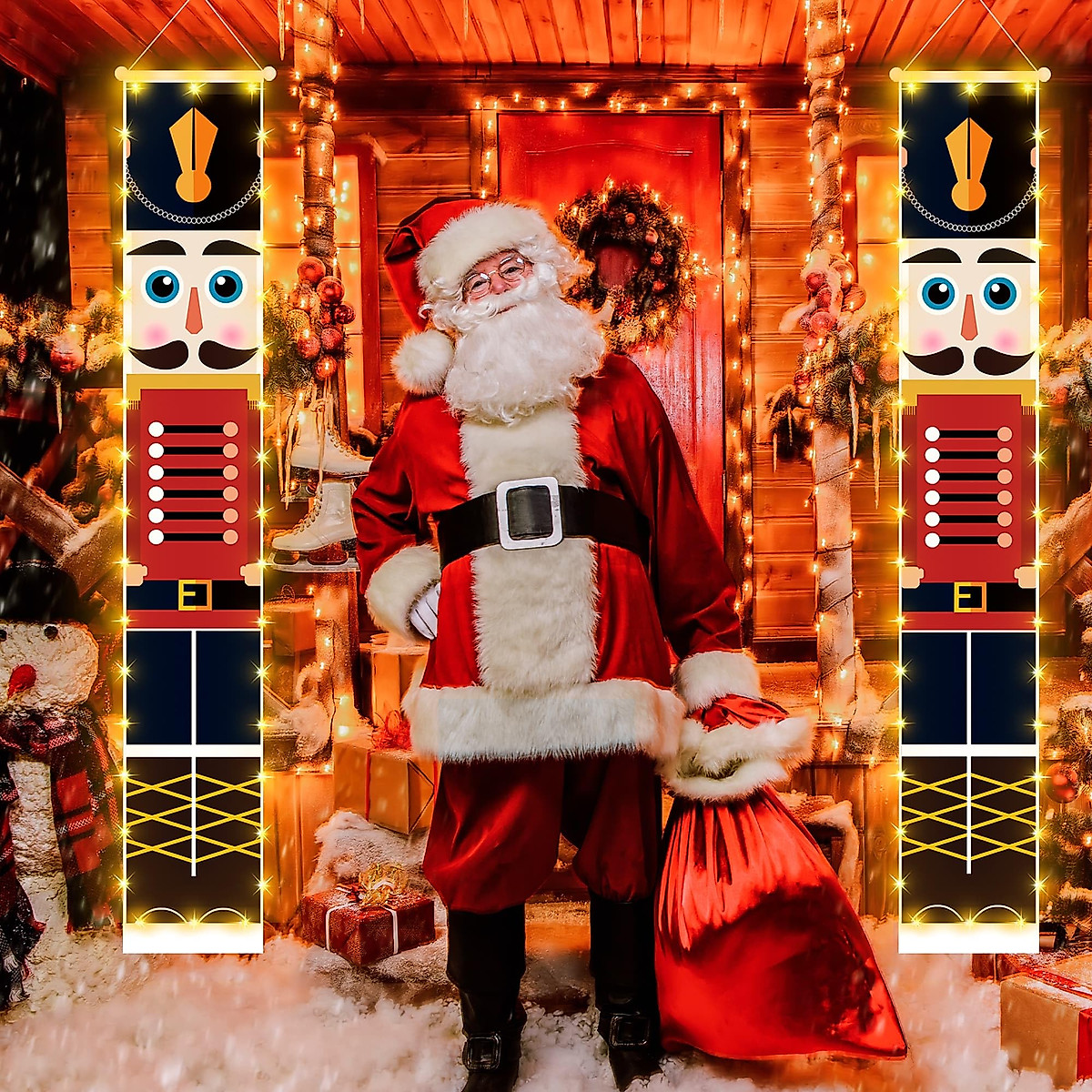 Christmas Decorations Banners with String Lights, Nutcracker Xmas Party Decor, Life Size Soldier Model Nutcracker Banners for Outdoor/Indoor Home Front Door, 600D Fabric Porch Sign