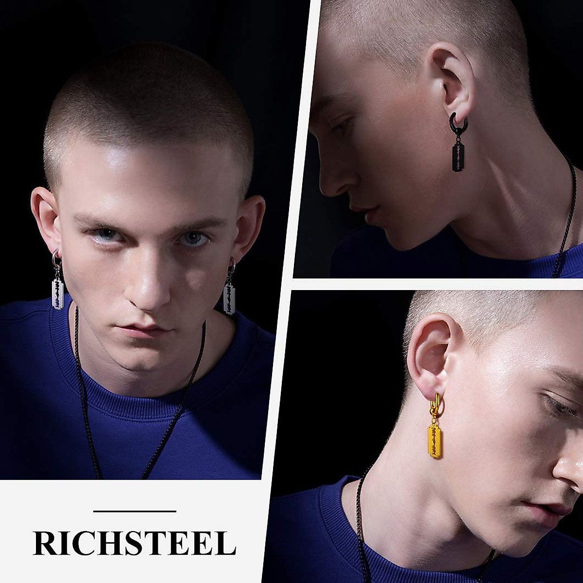 Huggie Hoop Earrings Set with Dangle Razor Stainless Steel Men Women Cartilage Earring Hoop Fits Sensitive Ears Hip Hop Jewelry