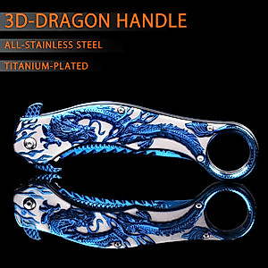 MADSMAUG Pocket Knife, 9Cr18Mo BLADE Pocket Folding Knife With Sheath, Cool 3D Dragon EDC knife, Great Gift Pocket Knife For Men Outdoor Survival Camping (Blue)