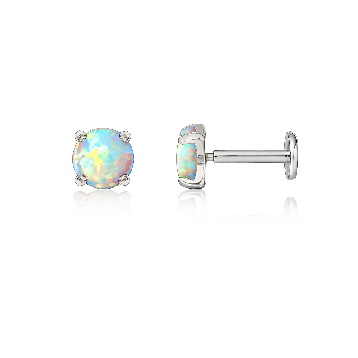 Limerencia G23 Hypoallergenic 18g Flat Back Stud Earrings | F136 Implant Grade Titanium Press Fit Threadless Push Pop in Cartilage Helix Labret Lip Monroe Tragus Piercing Studs (4mm White Opal Silver)