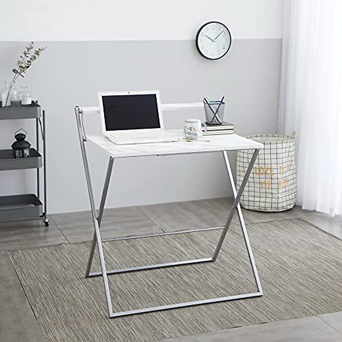 Urban Lifestyle Foldable 2 Tier Compact Computer Desk, Marble/Silver