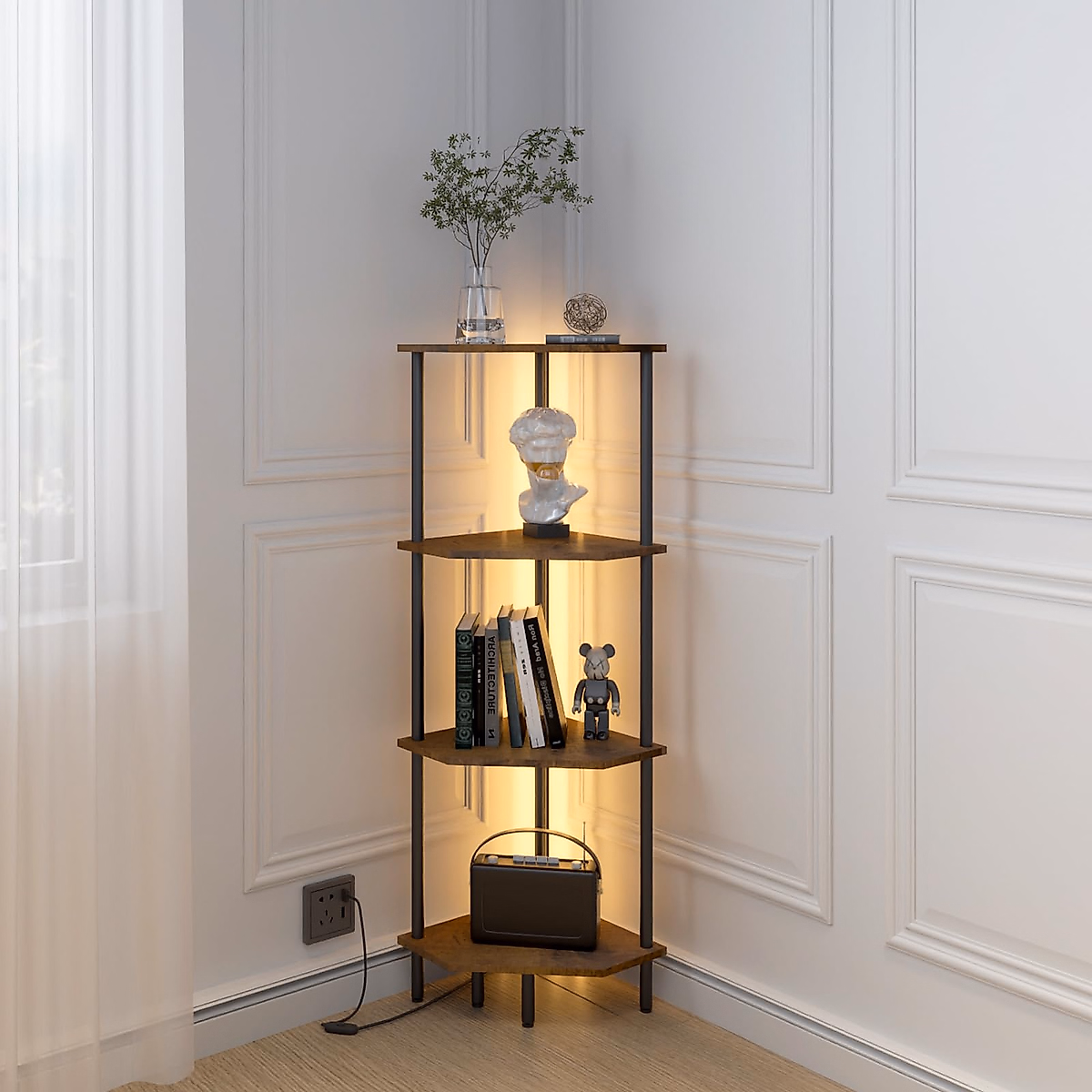 4 Tier Corner Shelf with LED Light,Tall Corner Wall Shelf, Display Shelf,Narrow Bookshelf,The Classic Combination of Rustic Brown and Black Standing Shelf,Suitable for Bedroom,Living Room,Kitchen