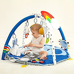 SYNPOS Baby Gym Play Mat, Baby Play Mat with 10 Toys for Sensory and Motor Skill Development, Baby Gym Activity Mat with Elephant Security Blanket, Rainbow Play Mat for Baby Gift