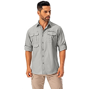 Mens Safari Shirt Fishing Hiking Clothes SPF 50 Sun Protection Long Sleeve Outdoor Quick Dry Vented Breathable Cool Utility Cargo Shirts (5068 Light Grey 3XL)