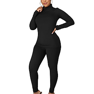Mizoci Women's 2 Piece Outfits Workout Tracksuit Long Sleeve Turtleneck Top Legging Jogger Pants Set, X-Large, Black