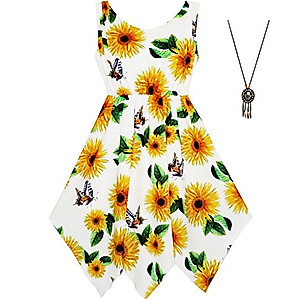 JE32 Girls Dress Sunflower Butterfly Hanky Hem Party Beach Necklace Size 8,Yellow,