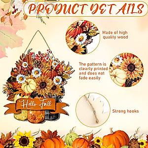 Tradder Thanksgiving Floral Welcome Sign for Front Door Hello Fall Hanging Plaque Farmhouse Sunflower Pumpkin Fall Door Hanger Mason Jar Harvest Autumn Wood Sign for Indoor Outdoor Home Yard