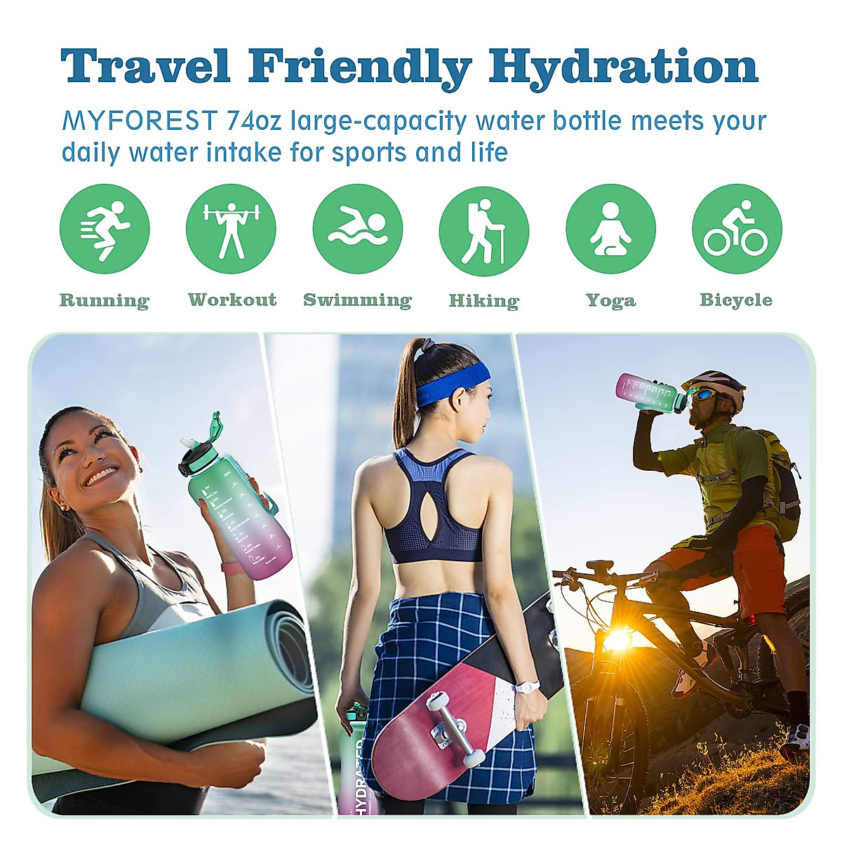 MYFOREST 64oz Water Bottle, Time Marker for Motivational Hydration, Drop-proof, BPA-free, Nozzle/Straw/Carry-Strap/Wide-Mouth for Easy Clean - 1900mL Large Sports Jug