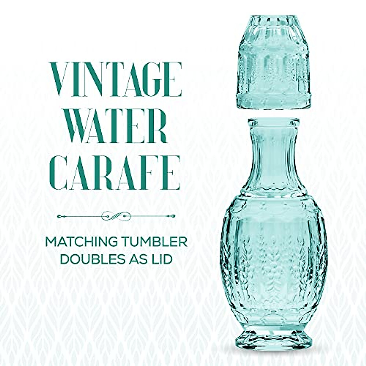 Elle Decor Vintage Bedside Water Carafe with Tumbler Glass – Elegant Pitcher and Matching Drinking Cup Doubles As Lid (Green)