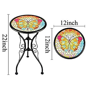 YardsBee Butterfly Outdoor Side Table,Mosaic Patio Side Table,12 Inch Accent Round Side Table,Plant Table with Tile Top,Samll Metal Glass End Table for Garden Porch Patio Home…