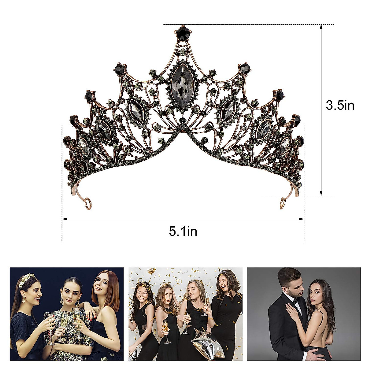 NODG Wedding Crown for women Baroque Queen Crowns Black Rhinestone Tiaras Handmade Crowns Crystal Tiara for Women Wedding Halloween Faire Costume Birthday Music Festival Headband Hair Accessories
