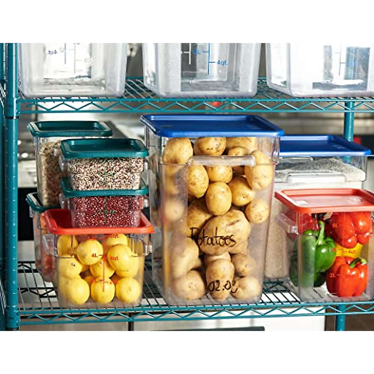 CURTA 4 Pack Food Storage Container with Green Lid - NSF Commercial Grade in 4.0 Qt - Square, Clear, Polycarbonate