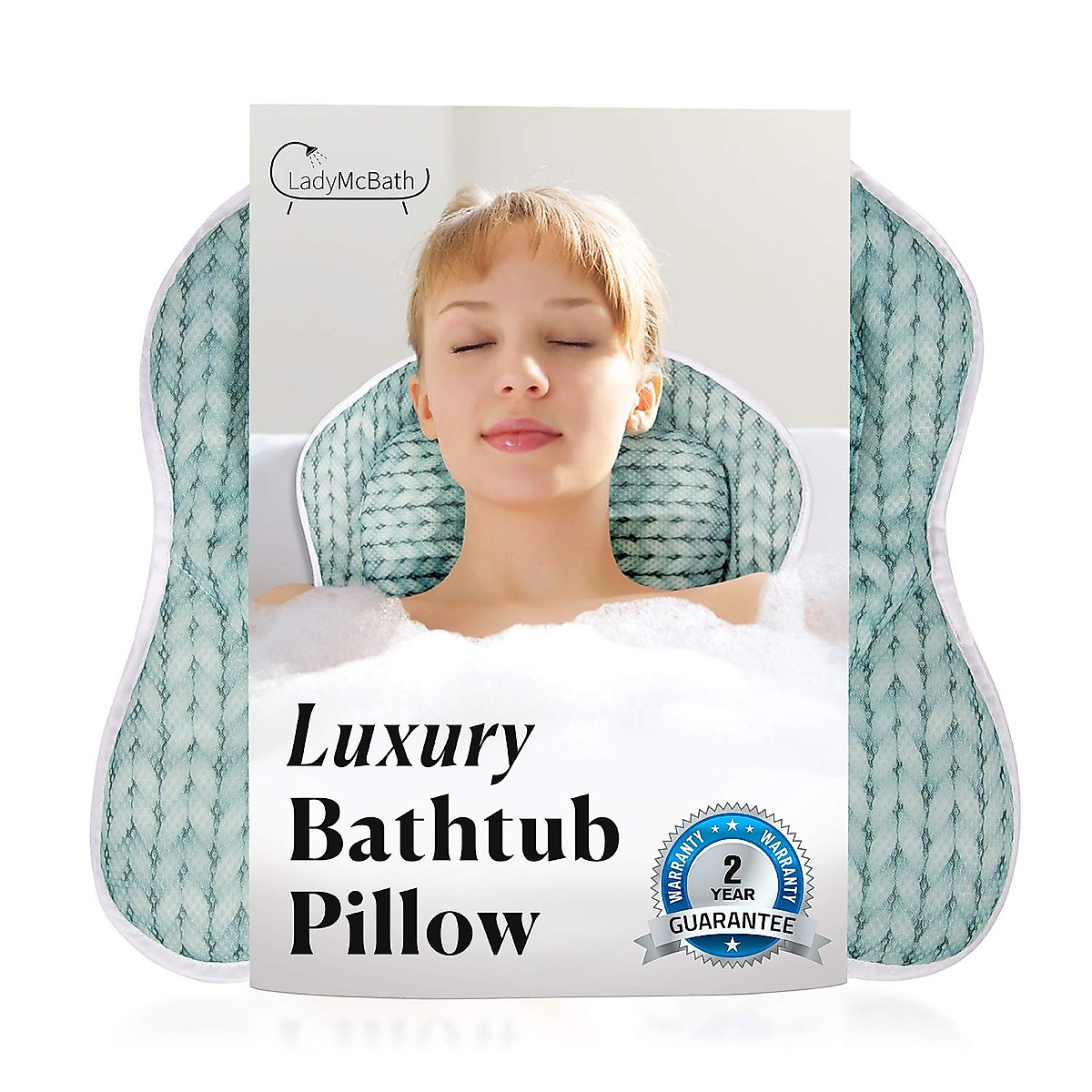 Lady McBath Bath Pillow - Luxury Bath Pillows for Tub Neck and Back Support - Powerful Suction Cups, Machine Washable Bathtub Accessory for Relaxation (Turquoise)