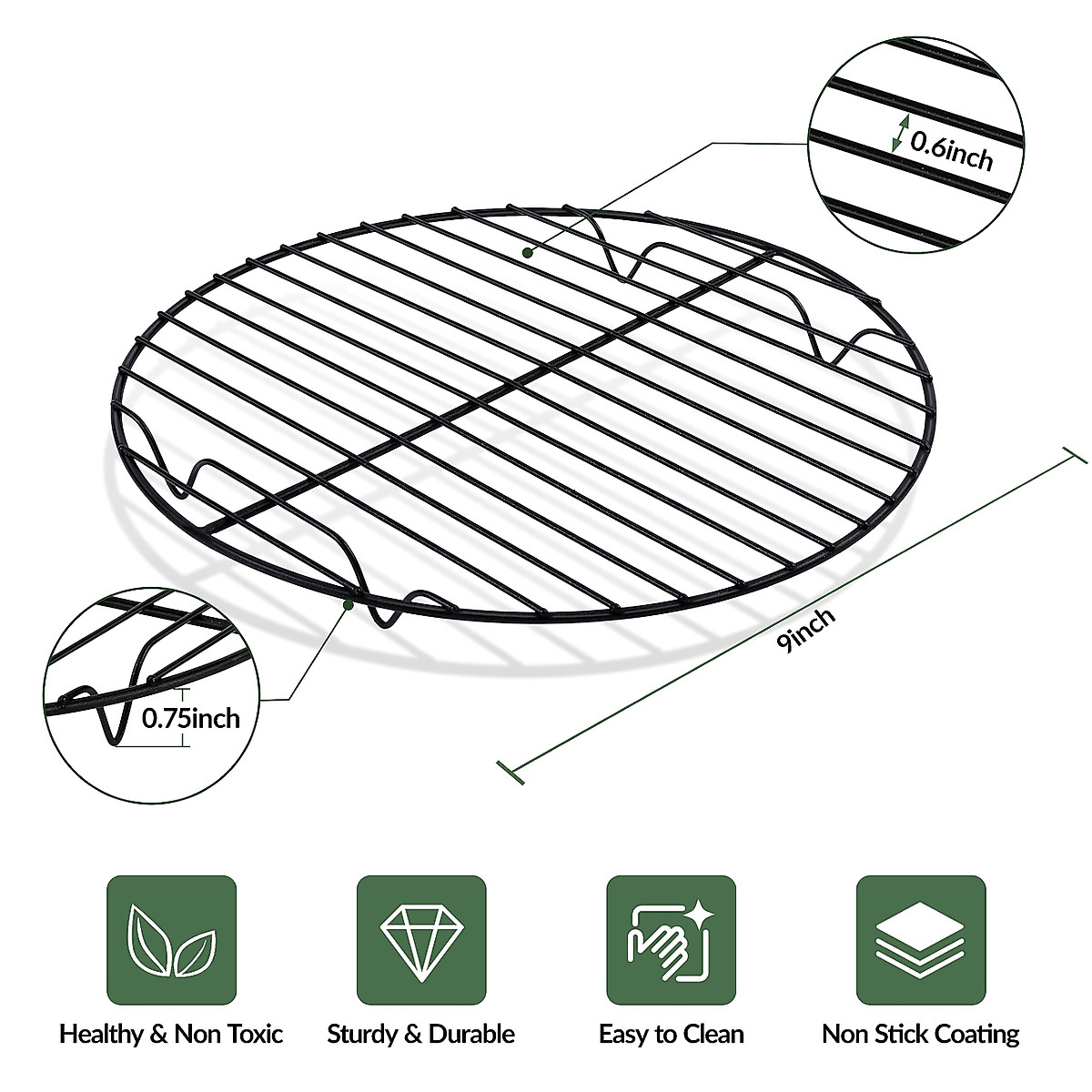 TeamFar Cooling Rack, 9inch Round Baking Wire Rack with Stainless Steel Core & Nonstick Coating, for Roasting Grilling Steaming, Non Toxic & Sturdy, Oven Safe & Anti-melt, Easy Clean – Set of 2