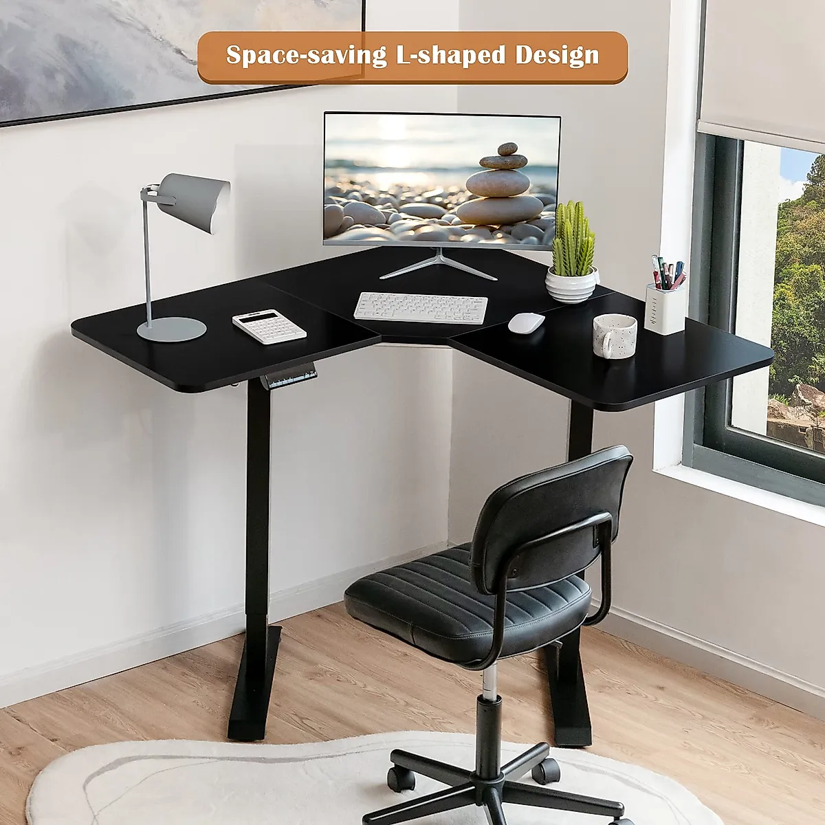Tangkula L Shaped Electric Standing Desk, 59.5 Inch Corner Stand Up Desk w/ 4 Memory Positions & LCD Display, Height Adjustable Rolling Office Sit Stand Desk w/Lockable Casters & Anti-collision Design