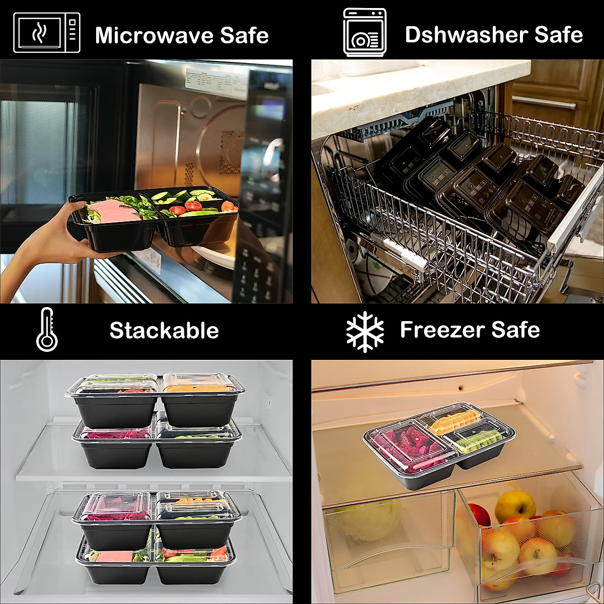 Sports Festival 22 Pack Meal Prep Containers, 43OZ Bento Box, 3 Compartment Divided Food Storage Containers Durable Stackable Reusable, For Microwave/Dishwasher/Freezer（22 Trays & 22 Lids）