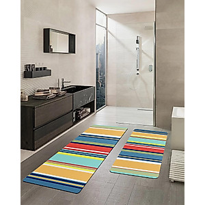 Kitchen Runner Rugs Set of 2, Colorful Stripes Yellow Teal Red Blue Wood Texture Rubber Non-Slip Area Collection Rug High Traffic Areas for Hallway,Bathroom, Laundry Room Rug Mat 16"x24"+16"x47"