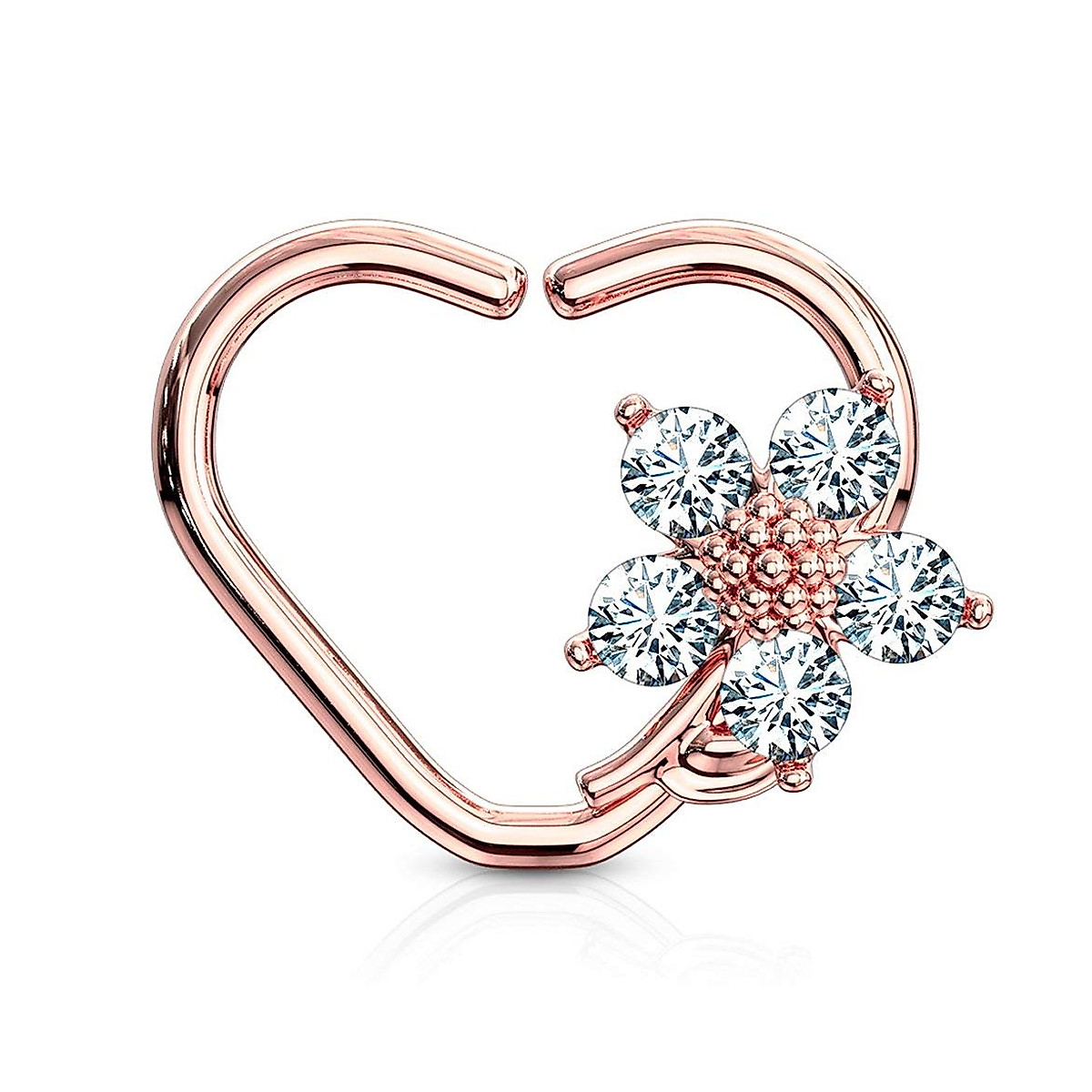 Forbidden Body Jewelry Rose Gold Plated Heart w/CZ Flower Daith & Cartilage Hoop Earring (Left Ear)