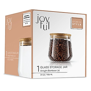 JoyJolt Cookie Jar. 1 Large Glass Jars With Bamboo Lids Set. For Kitchen Counter, Rice Jar, Candy Jar, Flour and Sugar Containers Canisters, 31-OZ Big Glass Jar with Lid, Airtight Glass Storage