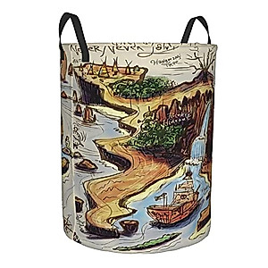 Laundry Basket,Peter Pan Neverland Map,Large Canvas Fabric Lightweight Storage Basket/Toy Organizer/Dirty Clothes Collapsible Waterproof For College Dorms-Large