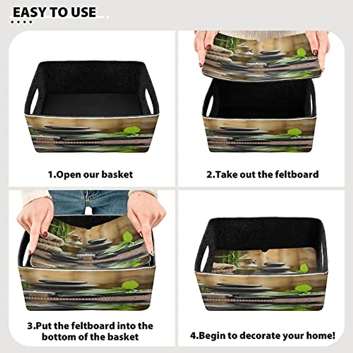 Nesatuwa 2 Pack Zen Basalt Stones on Wood Collapsible Felt Storage Bin Rectangular Storage Baskets with Handles for Closet Toys Clothes