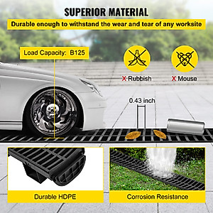 VEVOR Trench Drain System, Channel Drain with Plastic Grate, 5.7x3.1-Inch HDPE Drainage Trench, Black Plastic Garage Floor Drain, 6x39 Trench Drain Grate, with 6 End Caps, for Garden, Driveway-6 Pack